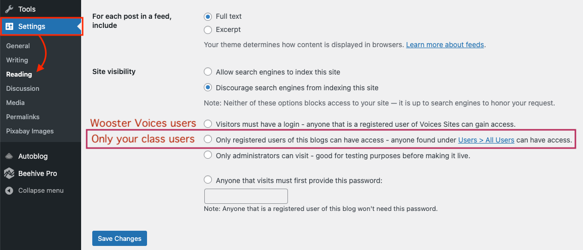 Setting your Reading Settings (site visibility)